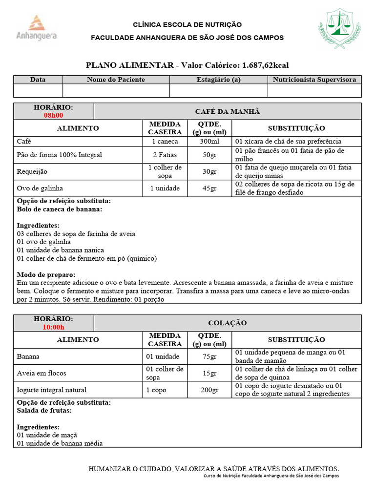 Plano Alimentar Semanal Nutricional | PDF | Pães | Queijo