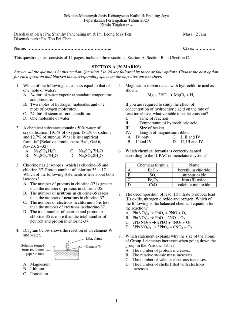 Mid Exam F4 2023 | PDF | Chemical Elements | Atoms