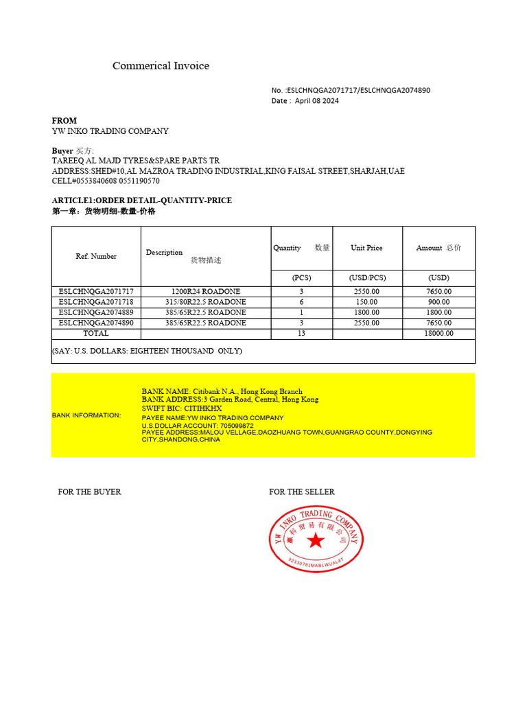 Commerical Invoice SEA FREIGHT ESLCHNQGA2071717 | PDF