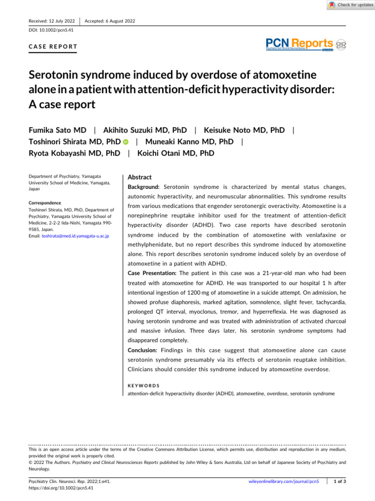 PCN Reports - 2022 - Sato - Serotonin Syndrome Induced by Overdose of Atomoxetine Alone in A ...