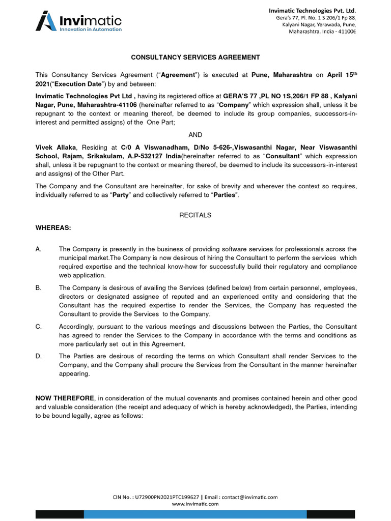 Vivek - Consulting Agreement-signed | PDF | Indemnity | Legal Liability