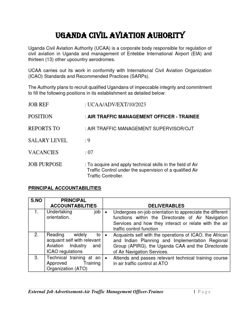 Air Traffic Management Officer Trainee Online Advert 2023 | PDF