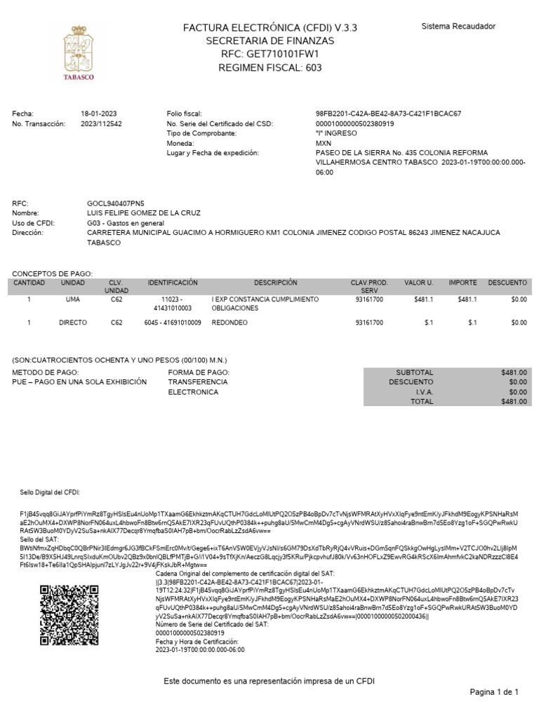Factura Electrónica (Cfdi) V.3.3 Secretaria de Finanzas RFC ...
