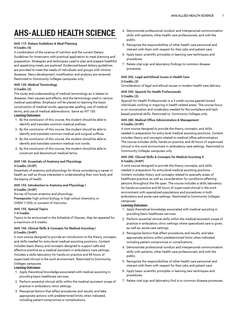 Ahs-Allied Health Science: Learning Outcomes | PDF | Health Care | Medicine
