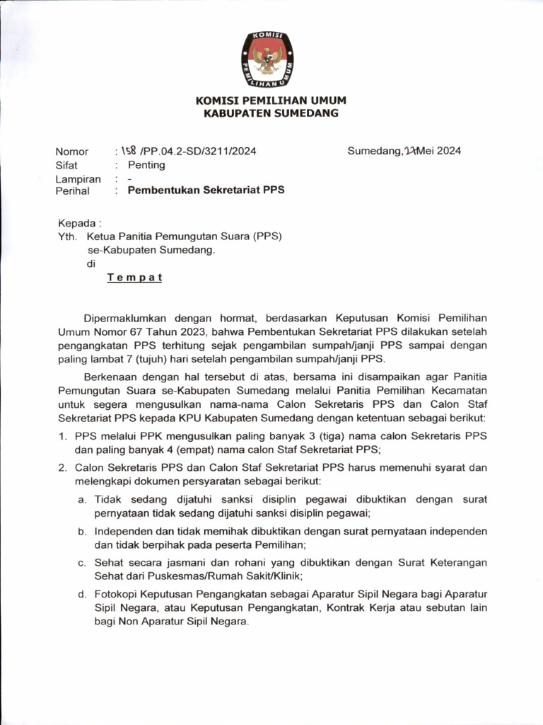 Surat Pembentukan Sekretariat PPS Pilkada Tahun 2024 | PDF