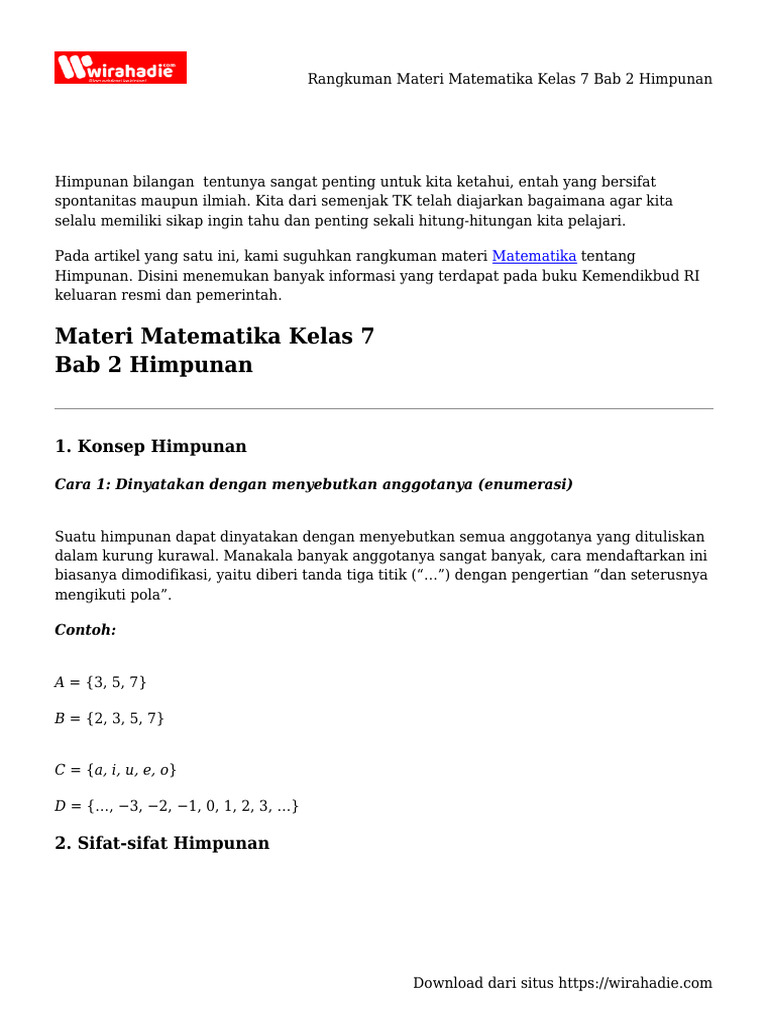 Rangkuman Himpunan Kelas 7 Matematika | PDF | Metode & Bahan Ajar