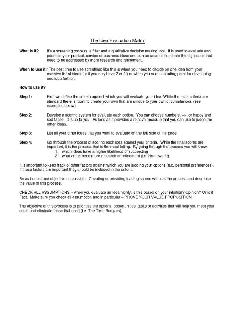 Anexo 5. The Idea Evaluation Matrix | PDF | Business | Cognition