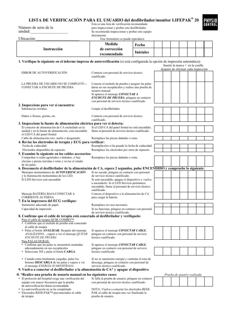 SPANISH Operators Checklist lifepak 20 | Descargar gratis PDF | Enchufes y tomas de corriente ...