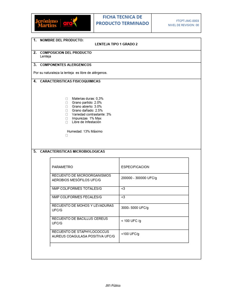 Ficha Tecnica Lenteja EL COSTAL | PDF