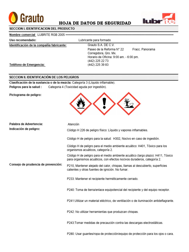 Lubrite RGB 2005-msds | PDF | Química