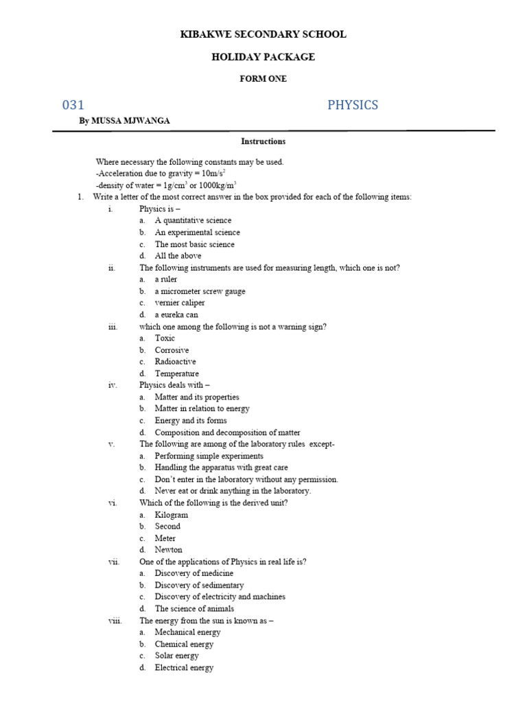 Physics Form One. | PDF | Weight | Force