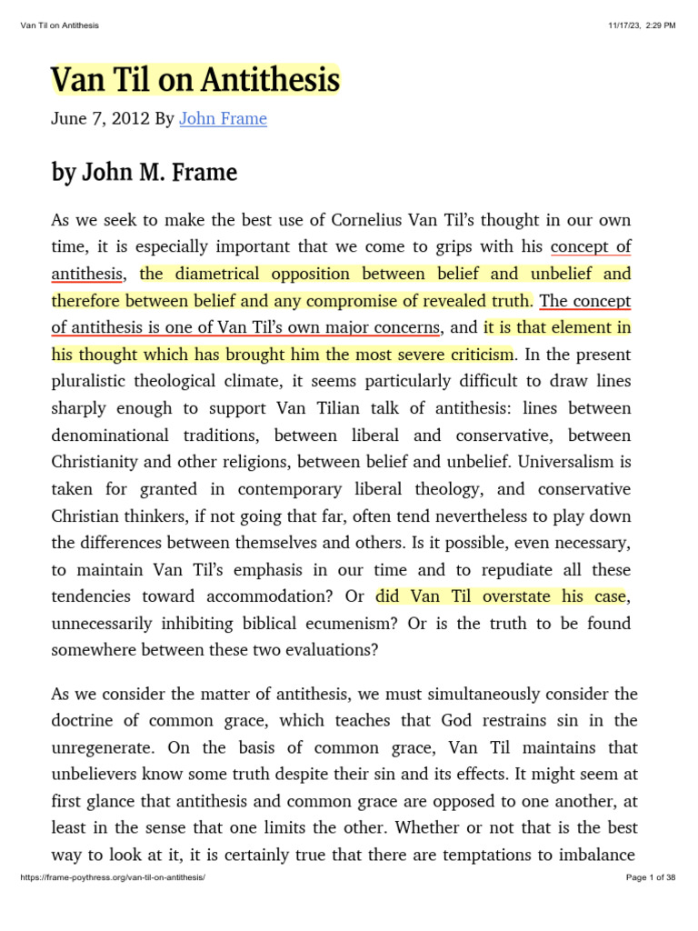 Van Til On Antithesis Otf Charter | PDF | Truth | Knowledge