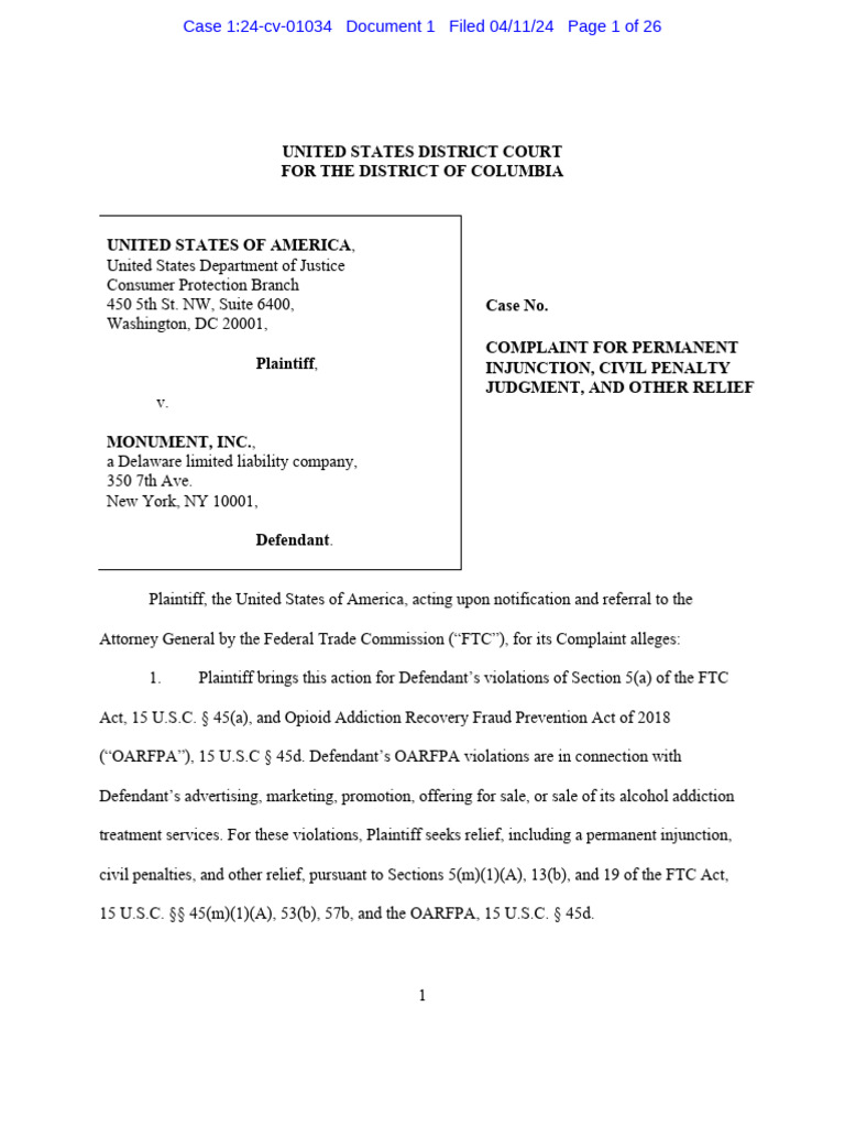FTC Complaint Against Monument, Inc. | PDF | Federal Trade Commission ...