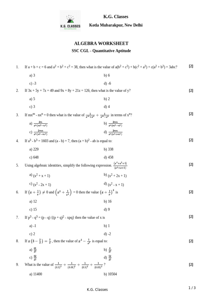 Algebra Worksheet - 1 | PDF | Algebra | Mathematics