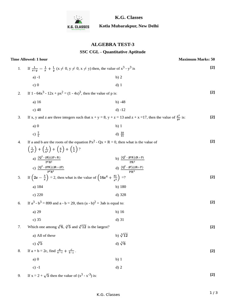 Algebra Test 3 | PDF | Mathematics | Algebra
