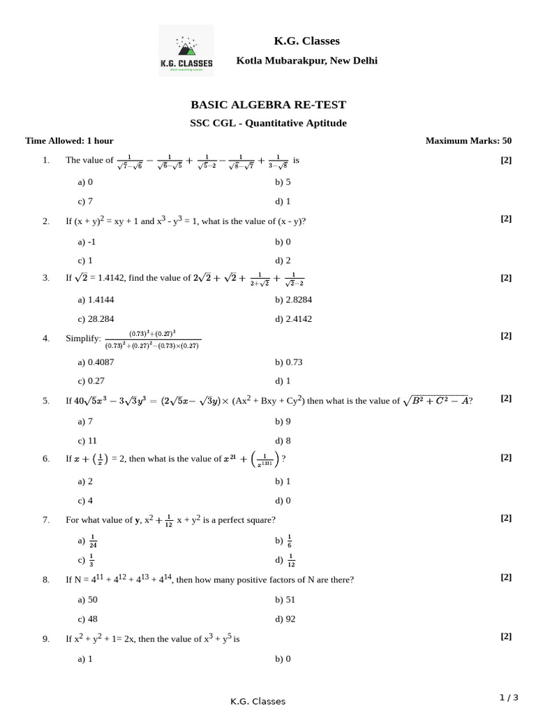 Basic Algebra Re-Test | PDF | Mathematical Notation | Algebra