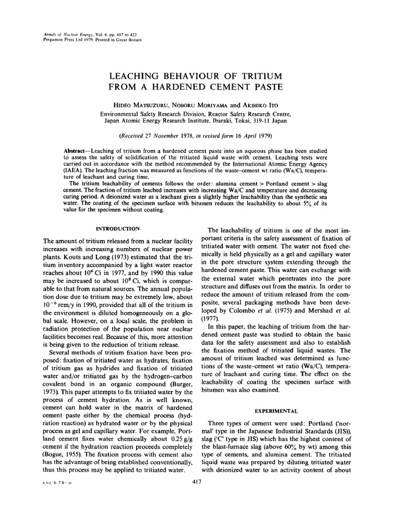 LEACHING BEHAVIOUR OF TRITIUM FROM A HARDENED CEMENT PASTE ...