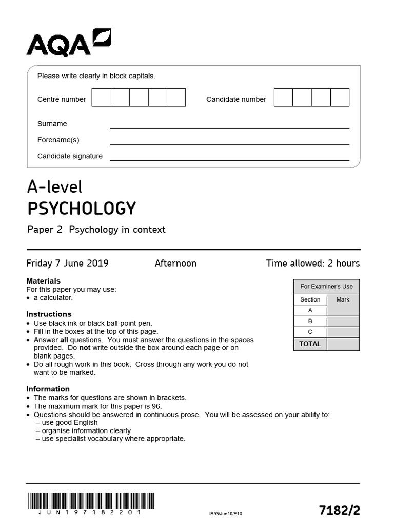 June 2019 QP - Paper 2 AQA Psychology A-Level | PDF | Validity ...