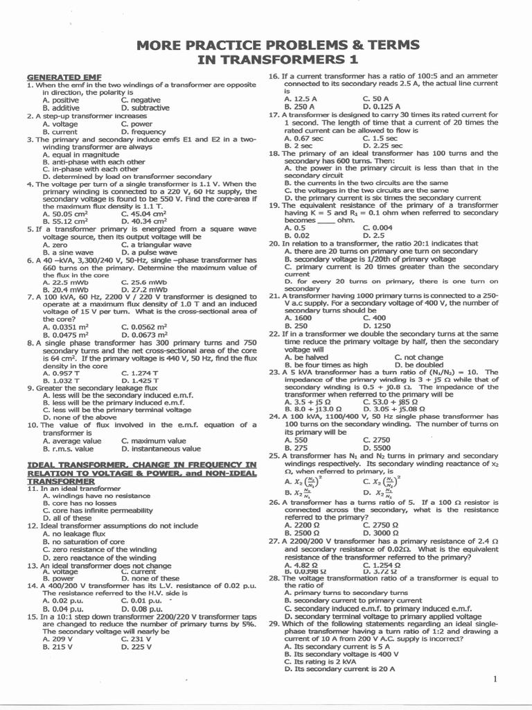 Transformers 1 Practice Problems With Answers | PDF