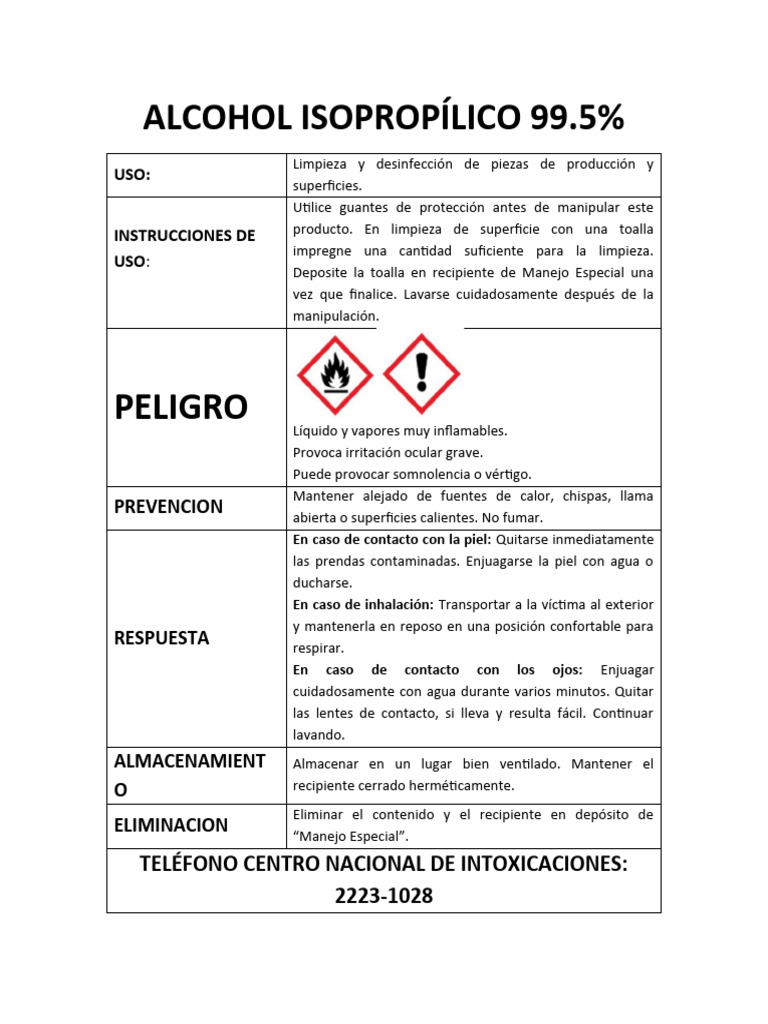 Etiqueta Sga-Alcohol Isopropilico 99.5% | PDF | Agua