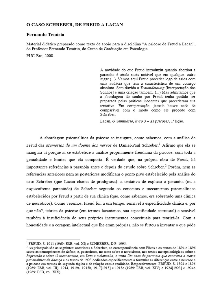 O Caso Schreber de Freud A Lacan | PDF | Jacques Lacan | Sigmund Freud