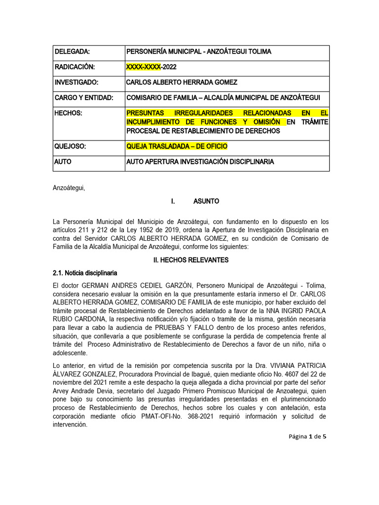 Auto Apertura Investigacion (Carlos Alberto Herrada) | PDF ...