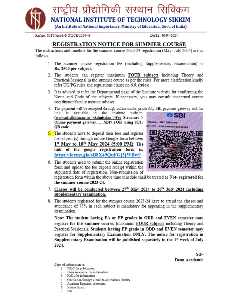 Registration Notice for Summer Course 2024 | PDF