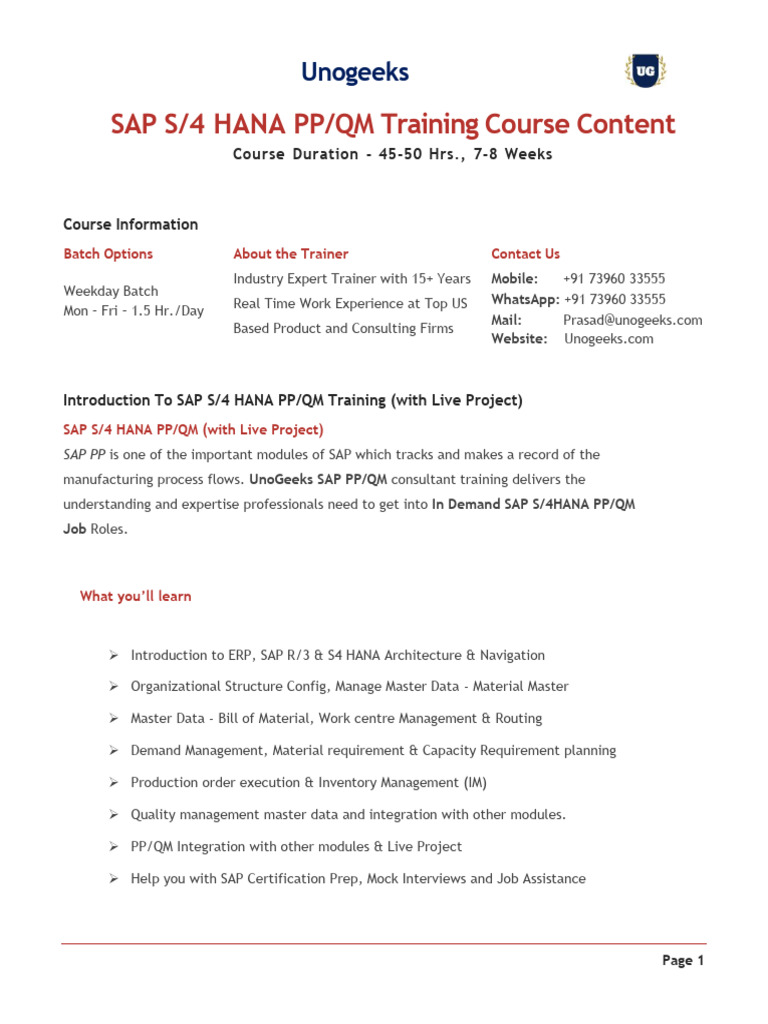 7.SAP PP HANA Certification Training Course Content 1 | PDF | Modular Programming | Computing