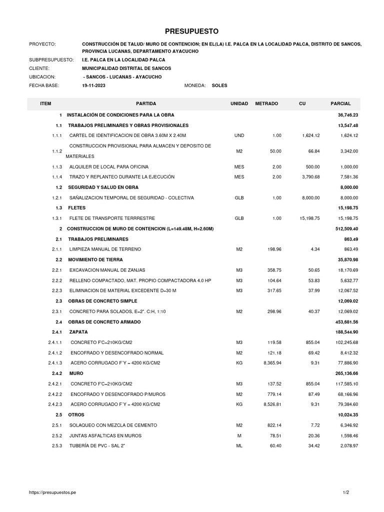 Presupuesto | Descargar gratis PDF | Ingeniero civil | Materiales