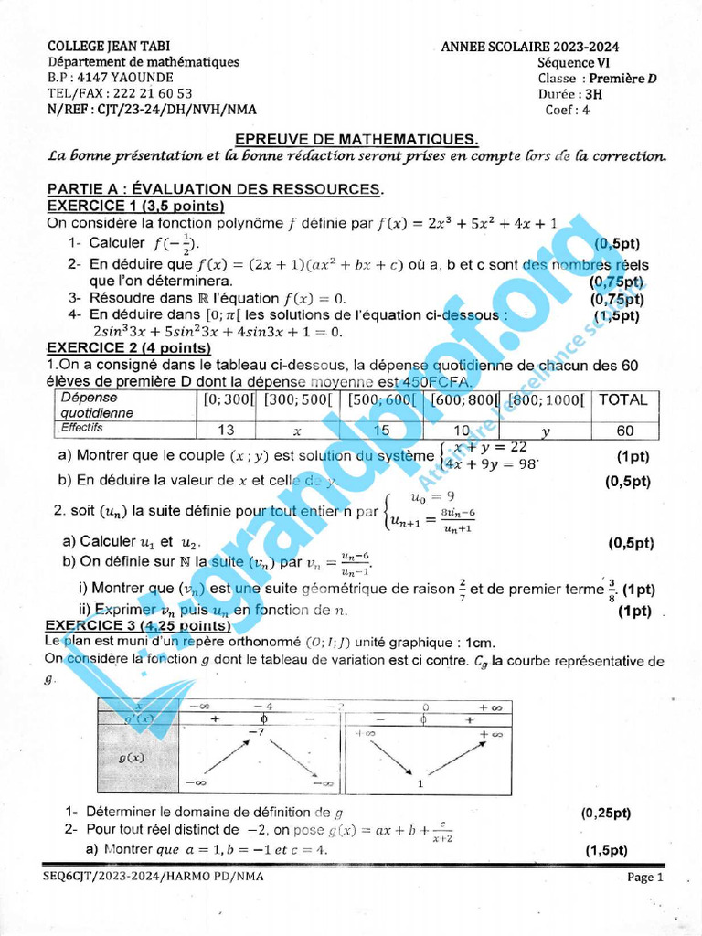 Maths-1ereD-Probatoire-Blanc-College-Jean-Tabi-Mai-2024 | PDF