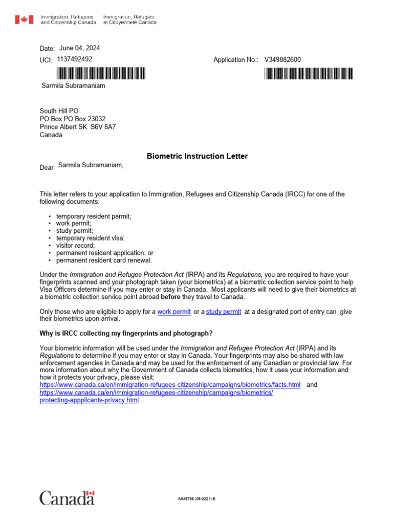 Biometric Instruction Letter - Sarmila Subramaniam | PDF | Immigration ...