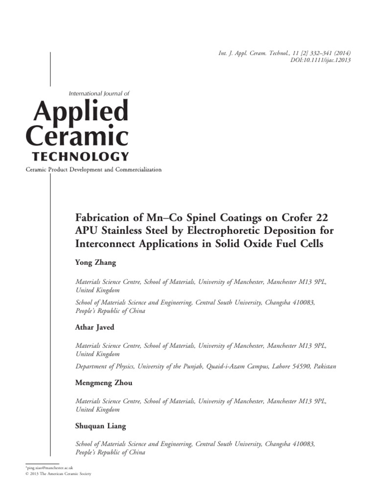 Zhang2013 - Fabrication of Mn-Co Spinel Coating On Crofer 22 APU | PDF ...