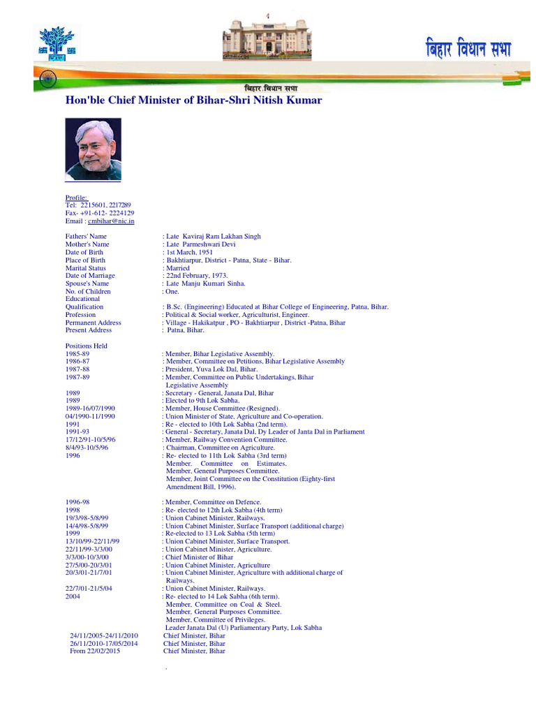 Nitish Kumar: Bihar CM Profile | PDF | Politics Of India | Government Of India
