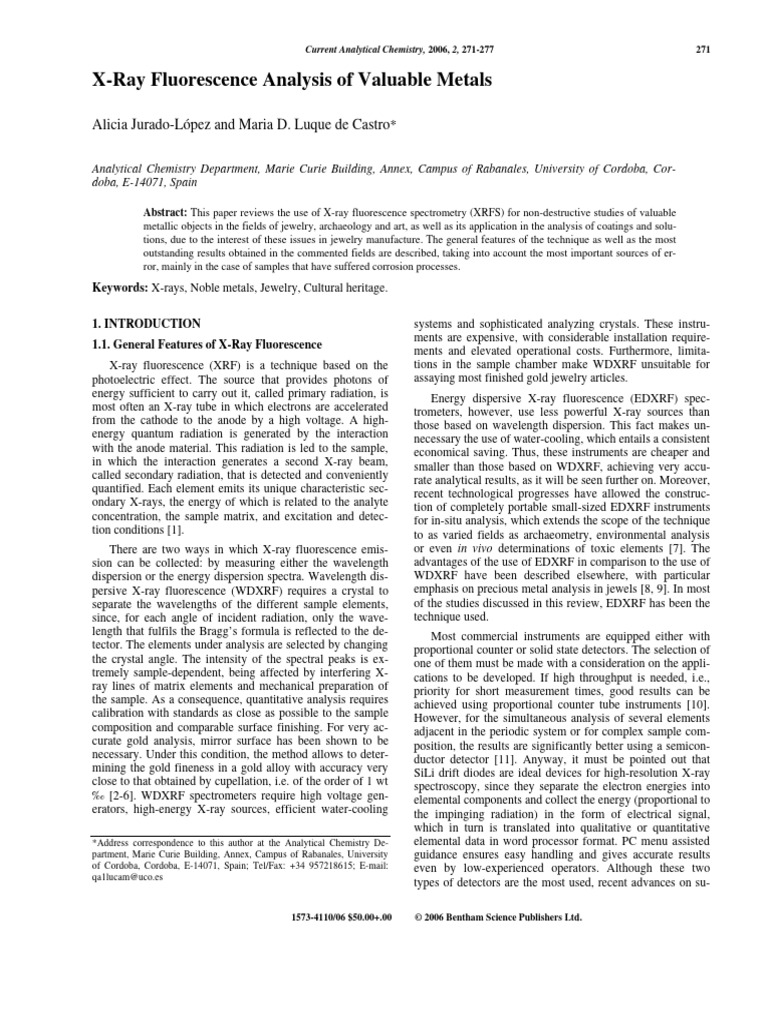 X-Ray Fluorescence for Metal Analysis | PDF | Energy Dispersive X Ray ...