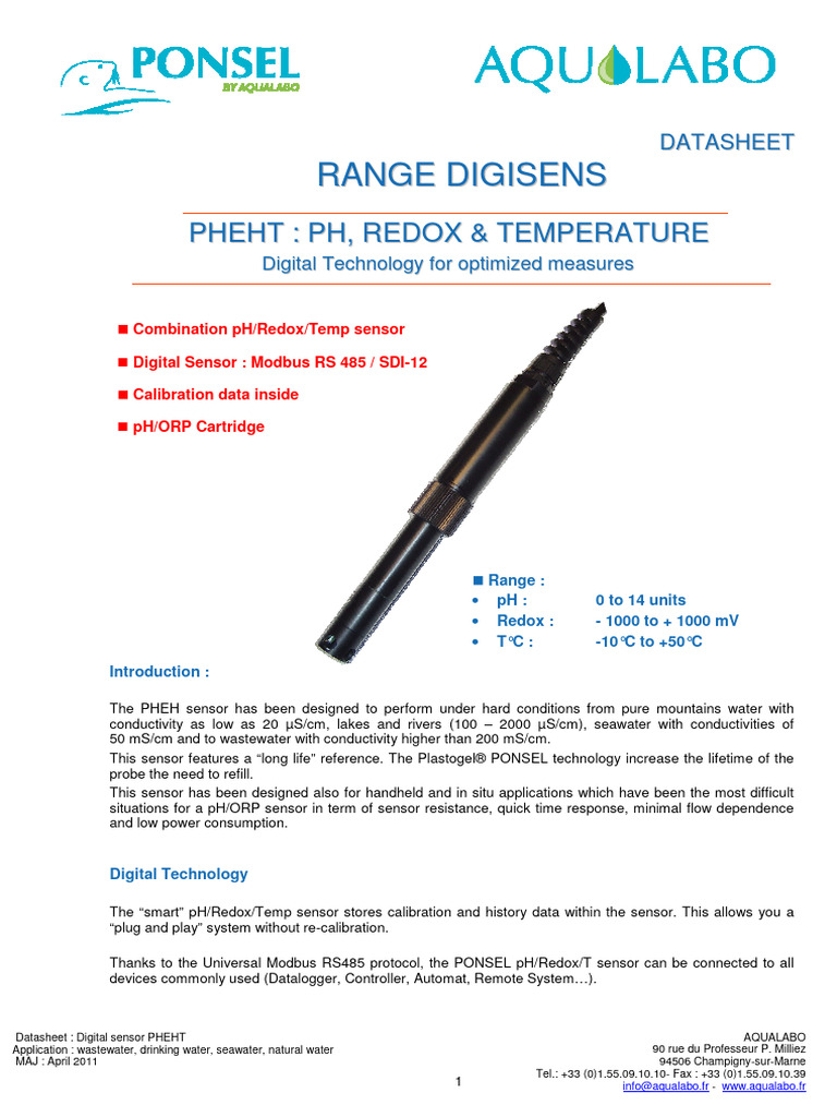 Datasheet pH digital sensor PHEHT_2 | PDF | Ph | Sensor