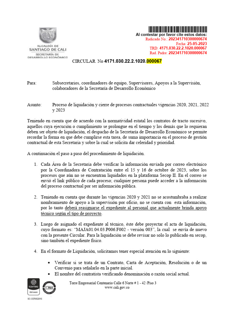 Circular Liquidacion Contratos | PDF