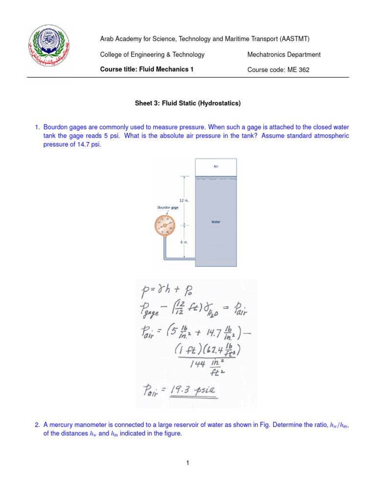 Fluid_Mechanics_1_Sheet_3_Hydrostatics_A | Download Free PDF | Pressure Measurement | Pressure