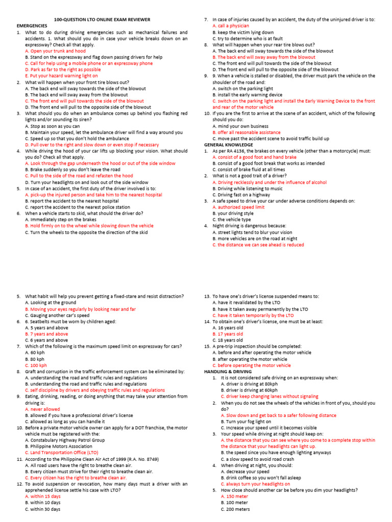 100-Question Lto Online Exam Reviewer | PDF | Traffic | Driving