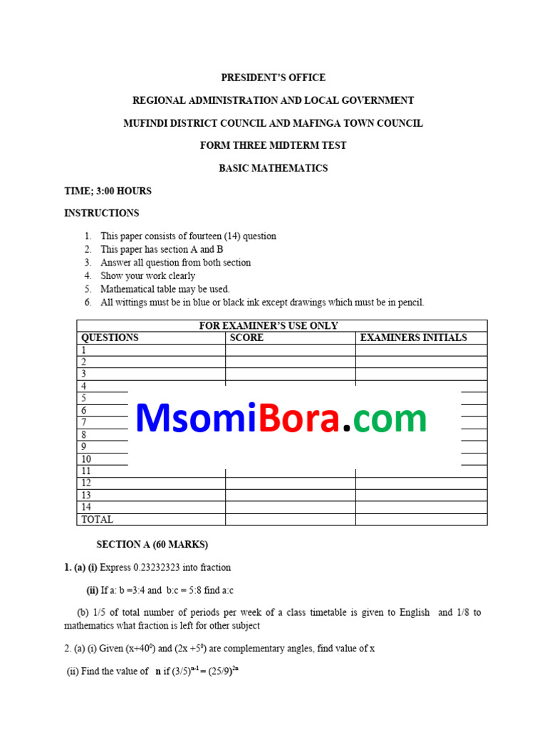 Mathematics Form Three. Mid Term | PDF | Triangle | Geometry