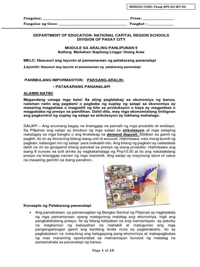 Layunin:: MODULE CODE: Pasay AP9-Q3-W7-D1 | PDF