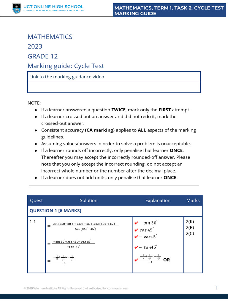 Deferred CT G12 - Mathematics - Term1 - Marking Guide 1 | PDF | Mathematical Objects | Mathematics