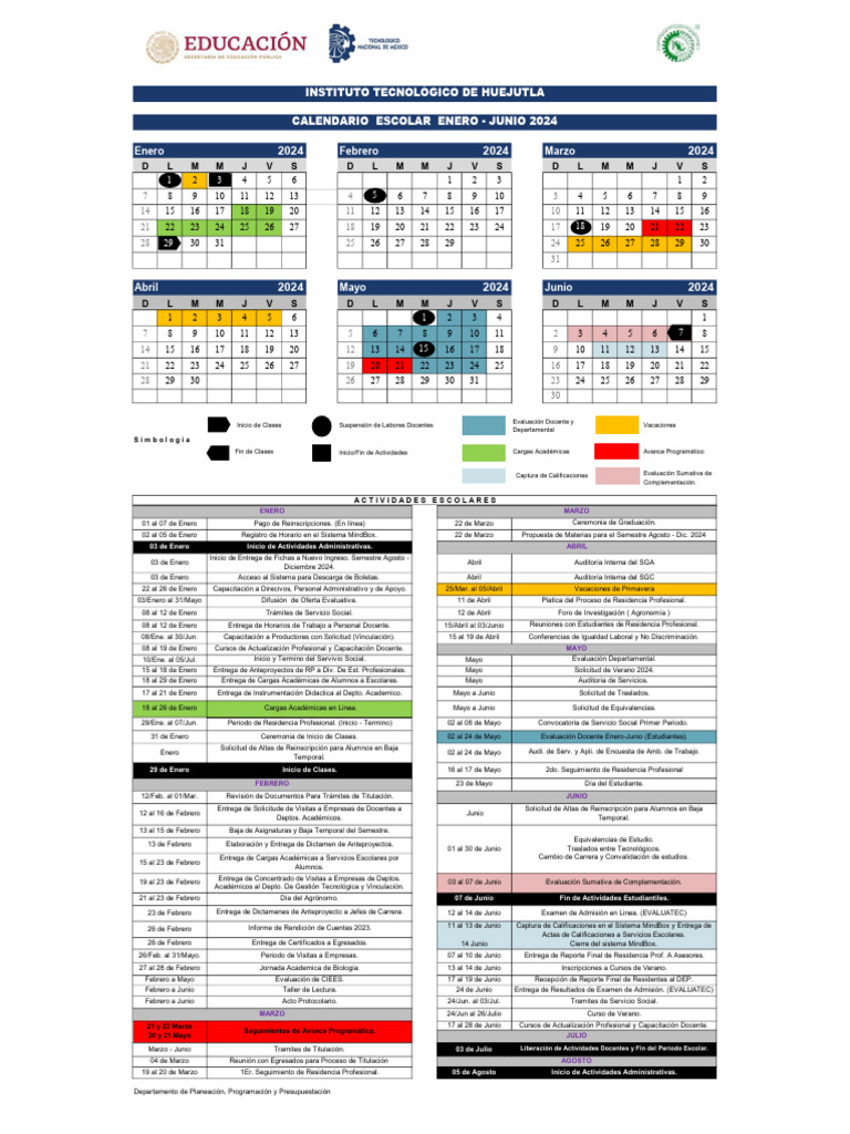 Calendario Escolar ENERO - JUNIO 2024_ITH | PDF