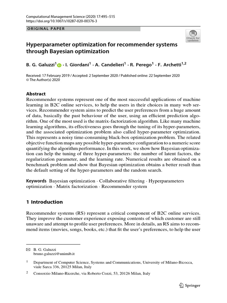Hyperparameter Optimization For Recommender Systems Through Bayesian Optimization | PDF ...