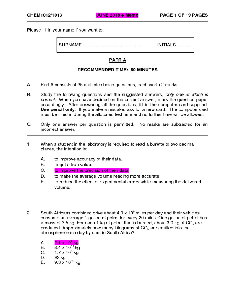 Chem1012 JUNE 2018 - Memo | PDF | Amide | Isomer
