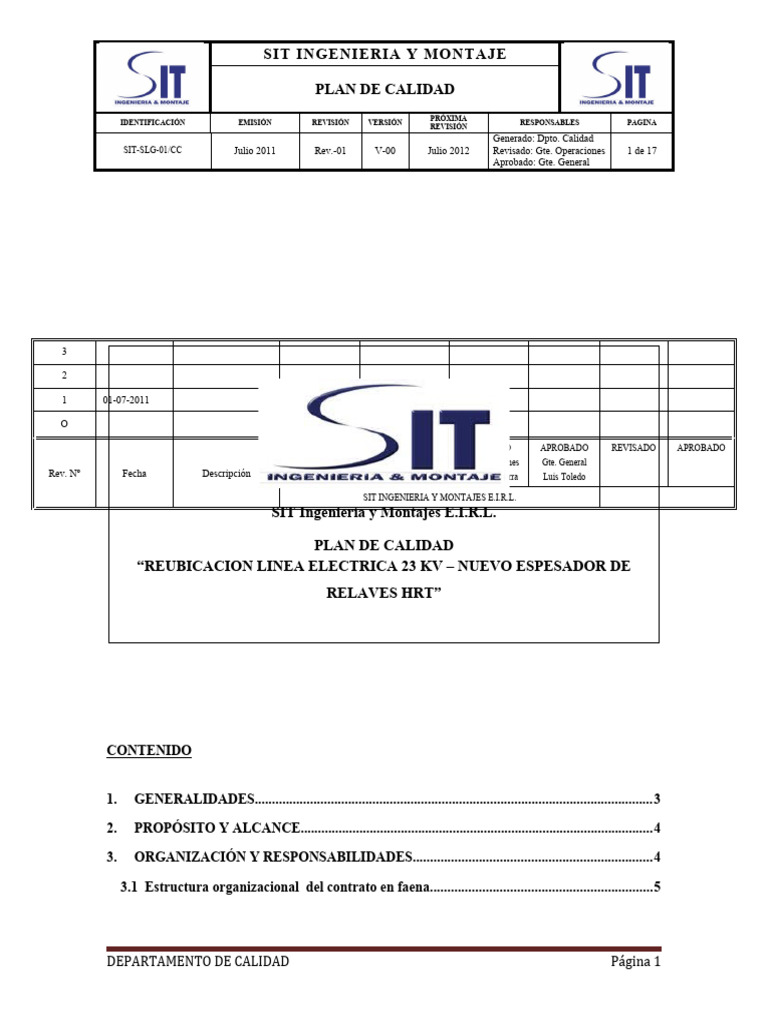 SIT-SLG-01 - PLAN DE CALIDAD - Rev.01 | PDF | Calidad (comercial) | Sistema de manejo de calidad