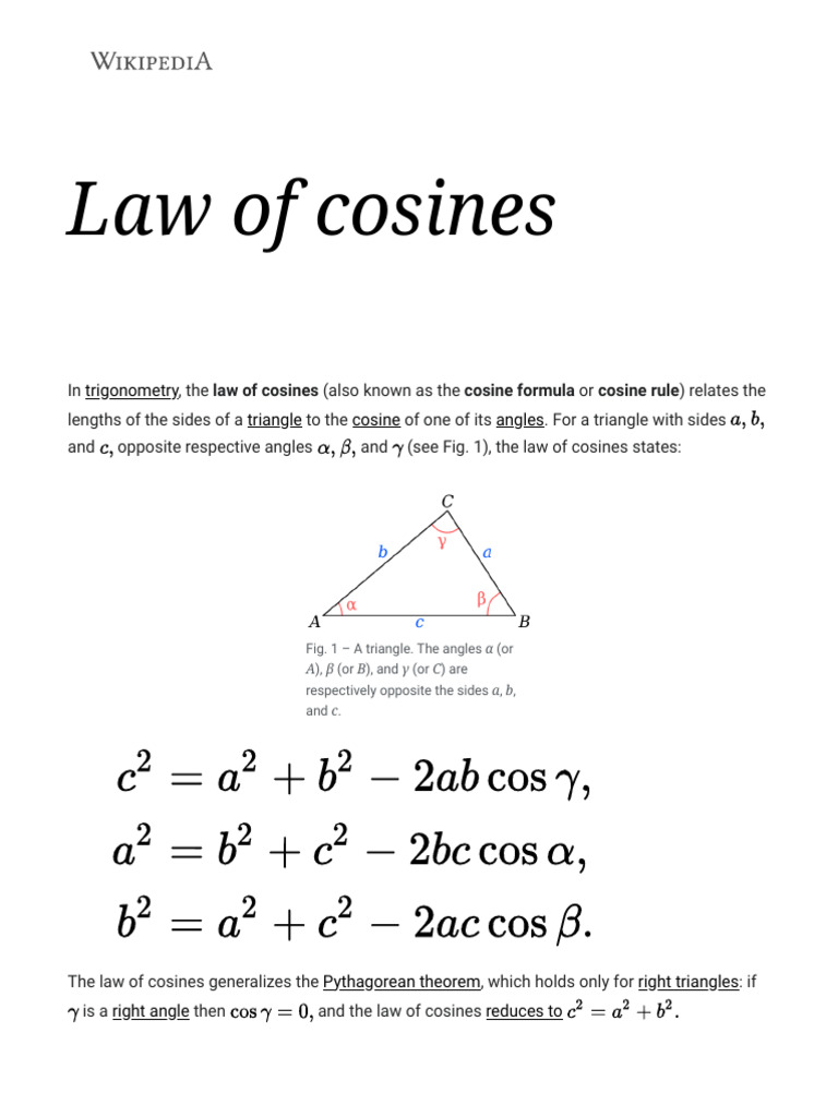 Law of Cosines - Wikipedia | Download Free PDF | Triangle | Mathematics