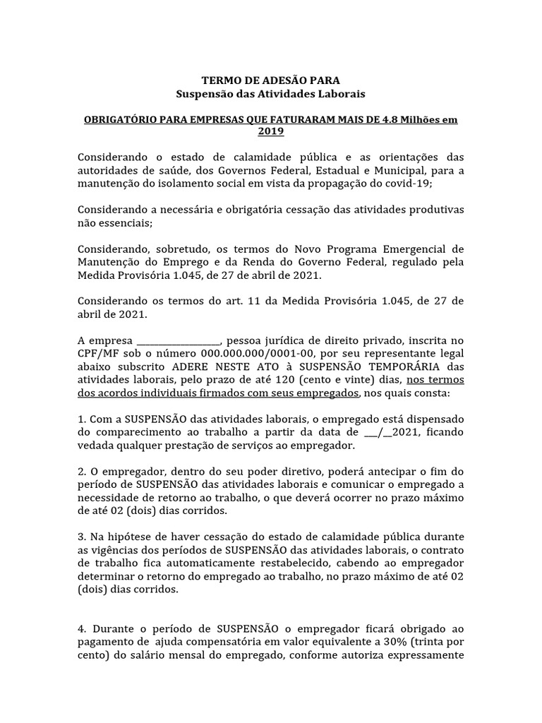 TERMO de ADESAO Para Suspensao Das Atividades Laborais Empresas Com ... TERMO de ADESAO Para Suspensao Das Atividades Laborais Empresas Com ...