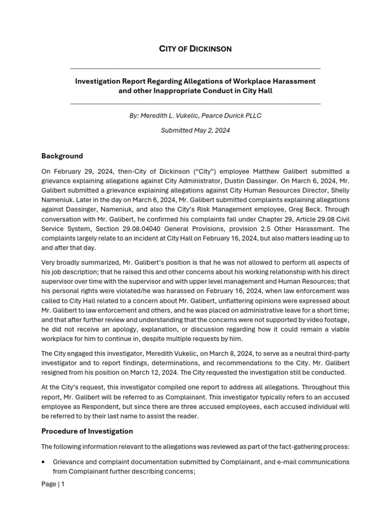Investigation Report For City of Dickinson - Redacted | PDF | Complaint