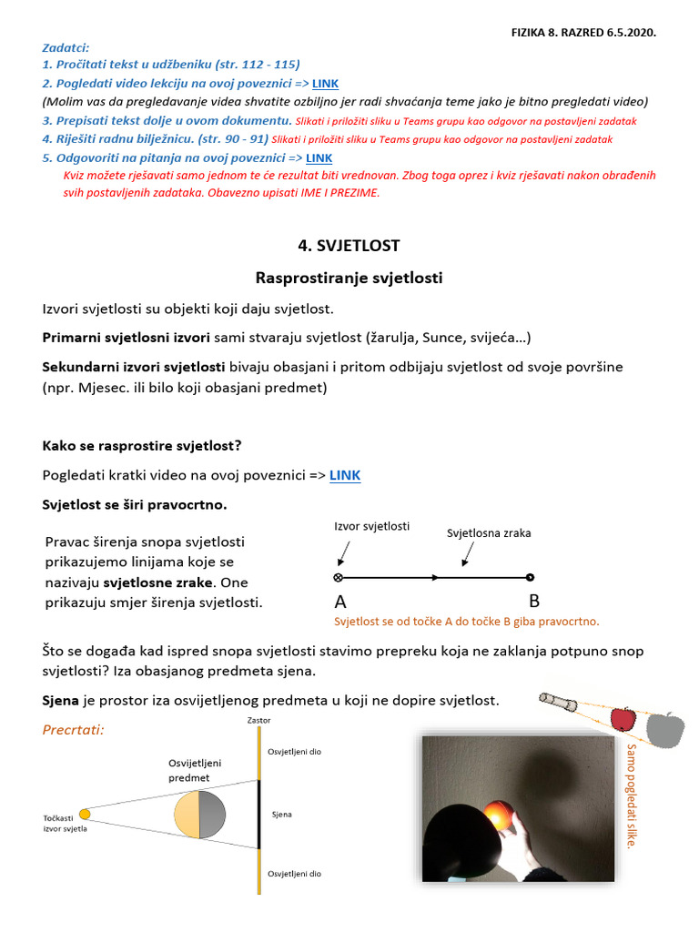 Fizika 8 Razred 6.5.2020. Rasprostiranje Svjetlosti | PDF