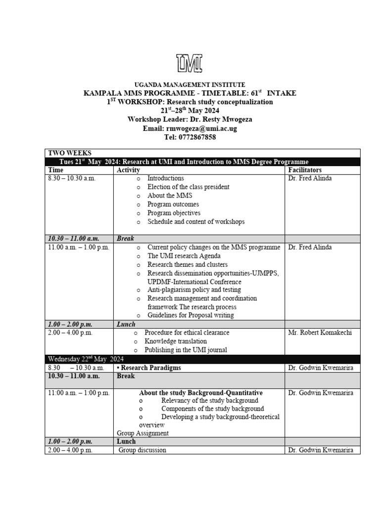 TT Time Table For 1st Workshop - MMS 61st Intake 21-28 May 2024 | PDF ...